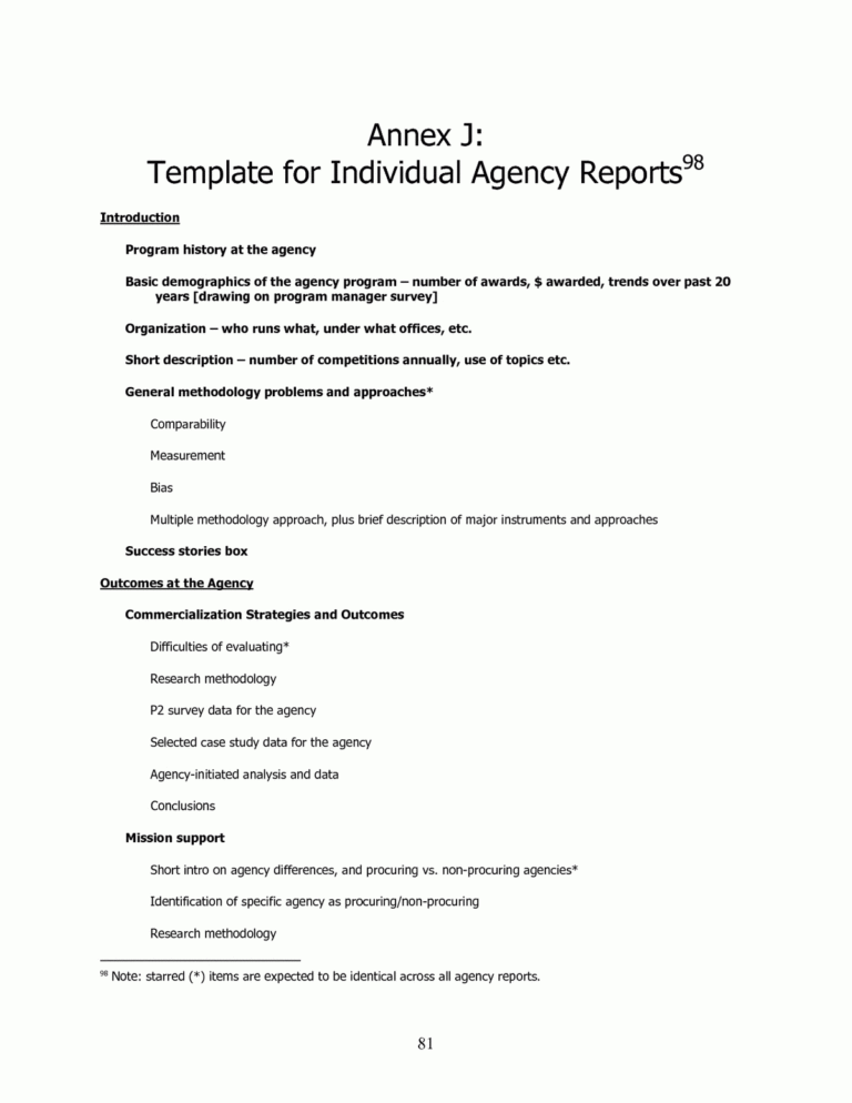 Annex J Template For Individual Agency Reports | An within Research ...