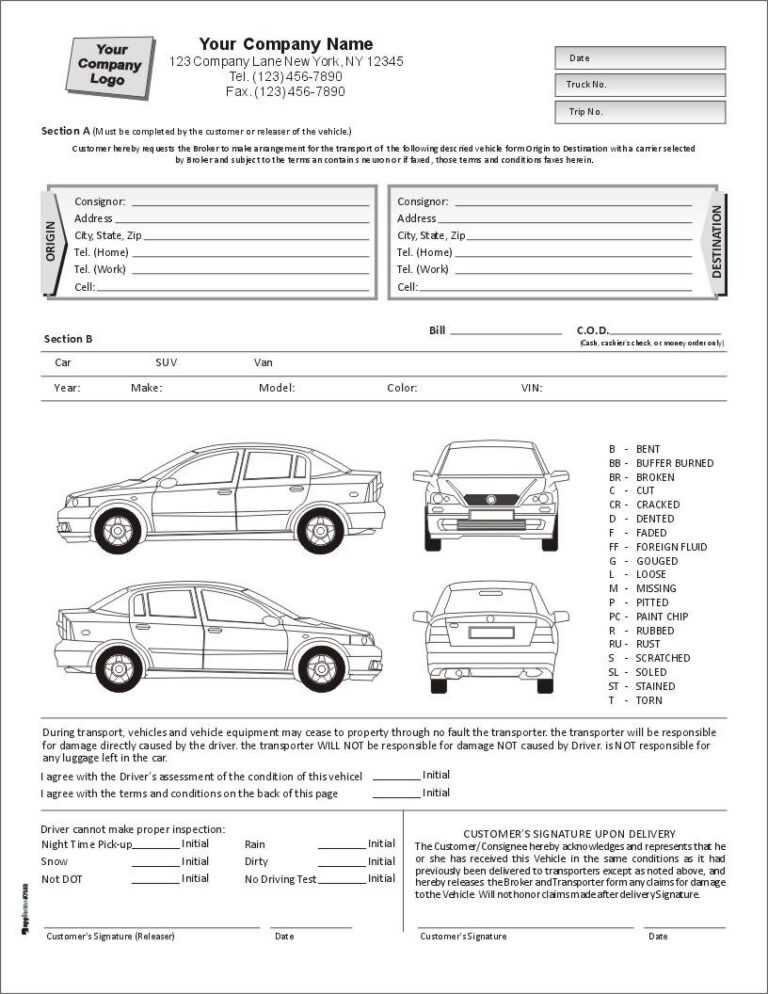 Auto Condition Report Form With Terms On Back, Item #7563 for Truck ...