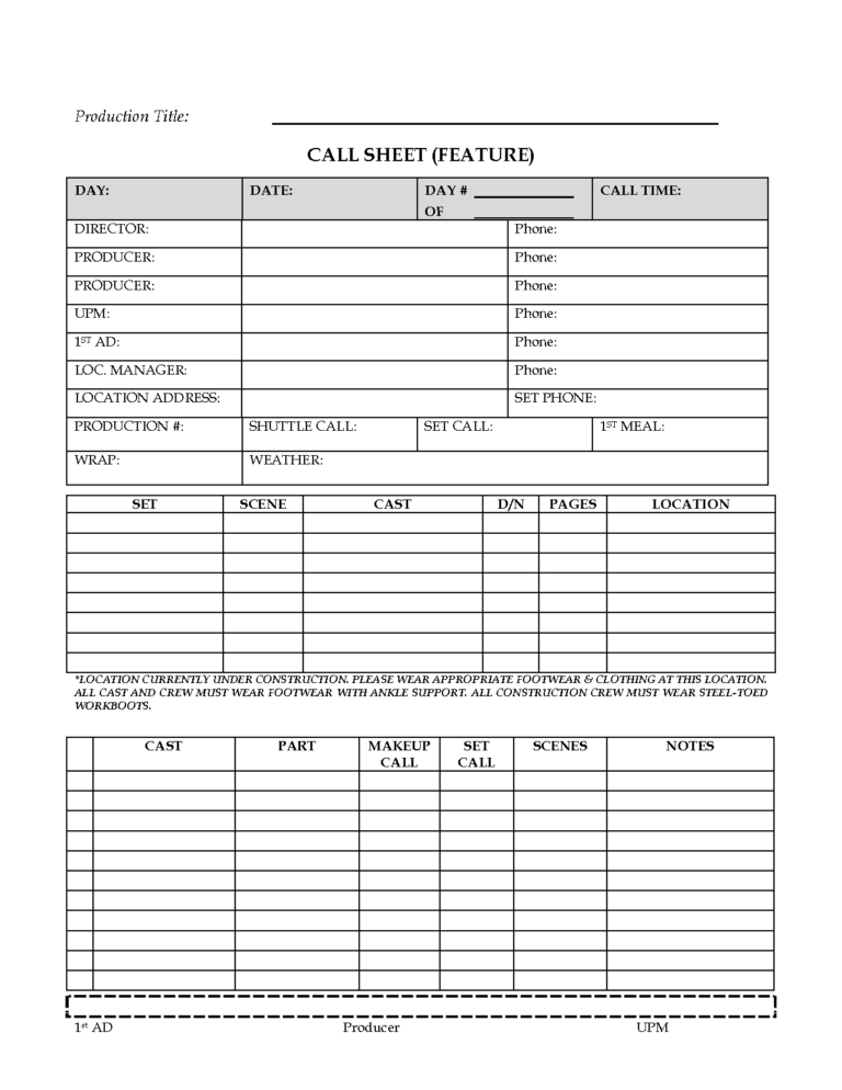 Awesome Call Sheet (Feature) Template Sample For Film with regard to ...