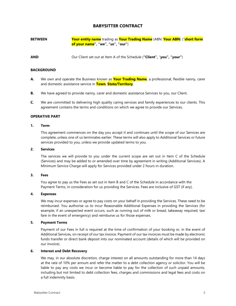 Babysitter Contract Template – Easy Legal Templates regarding Nanny ...
