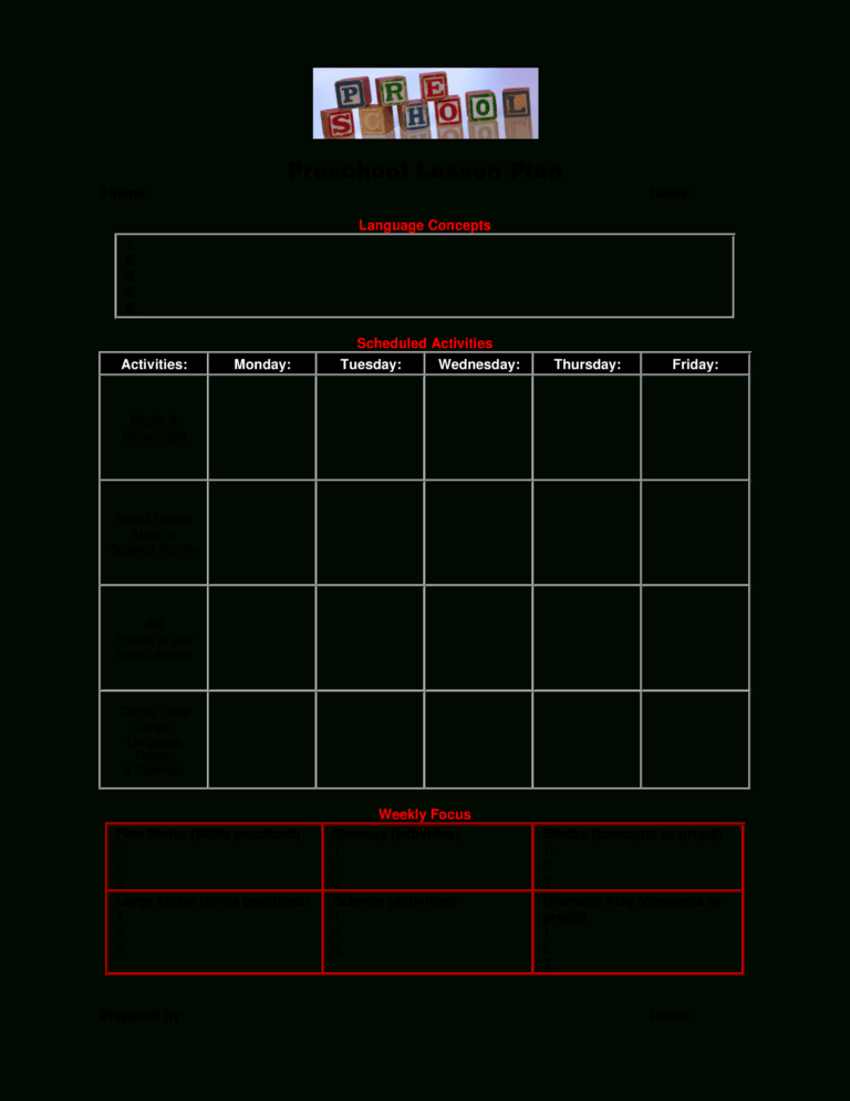 Blank Preschool Lesson Plan Template – Creative Sample Templates