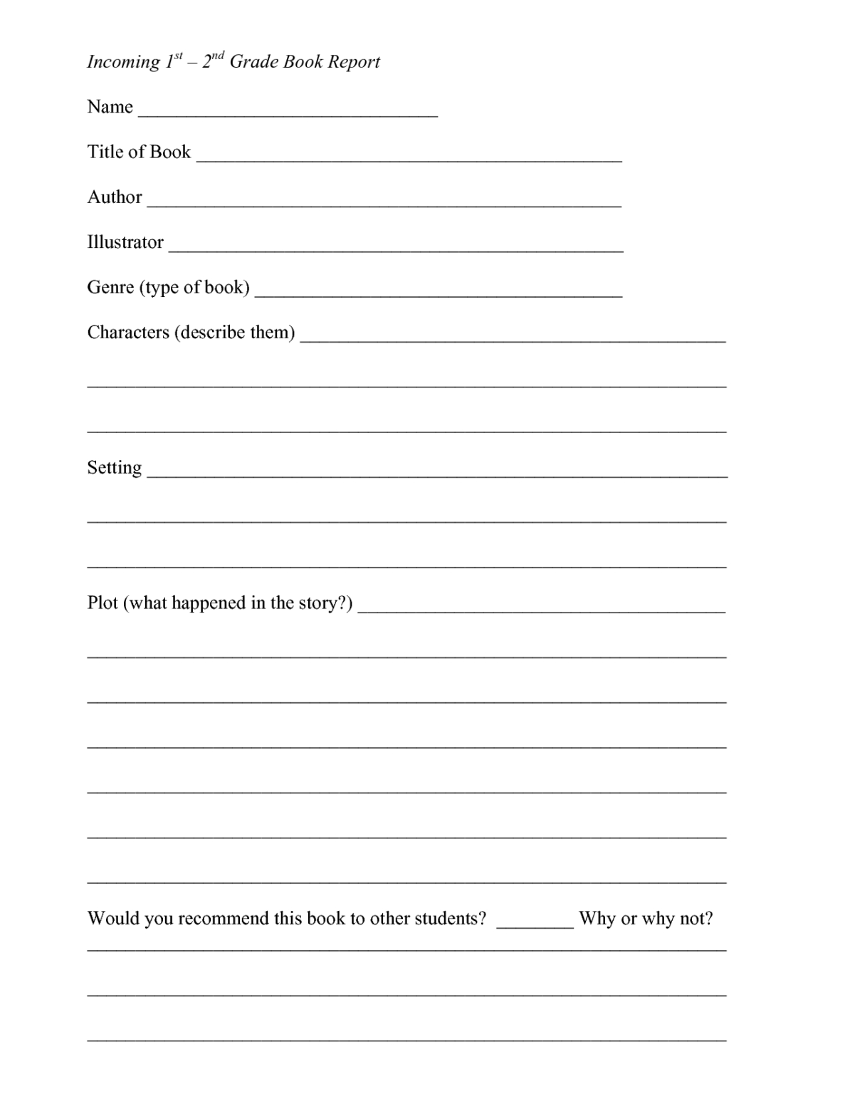 Book Report Template 2Nd Grade Free – Book Report Form regarding 1St ...