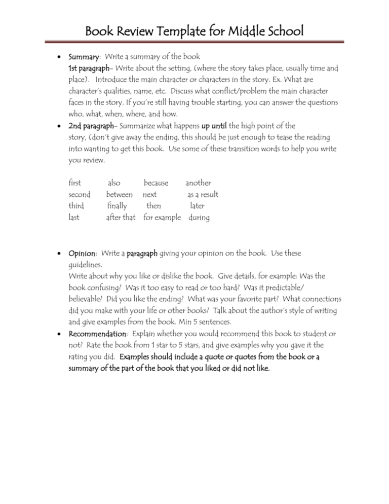 Book Review Template For Middle School inside Middle School Book Report ...
