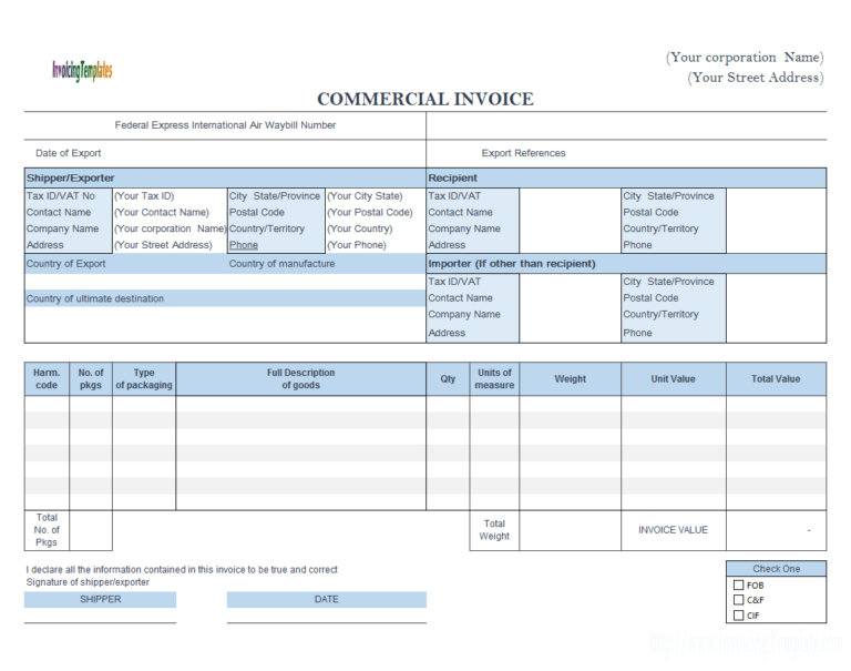 Commercial Invoice – Fedex Style (Landscape) within Commercial Invoice ...