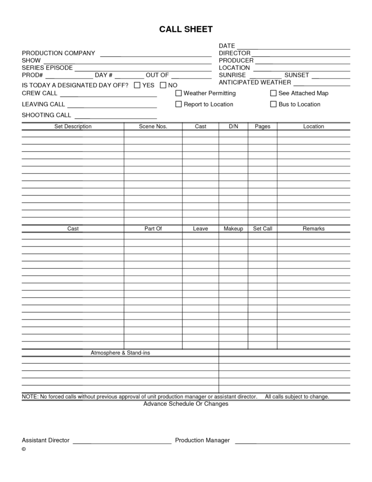 Creative Free Film Production Call Sheet Template Design with Film Call ...