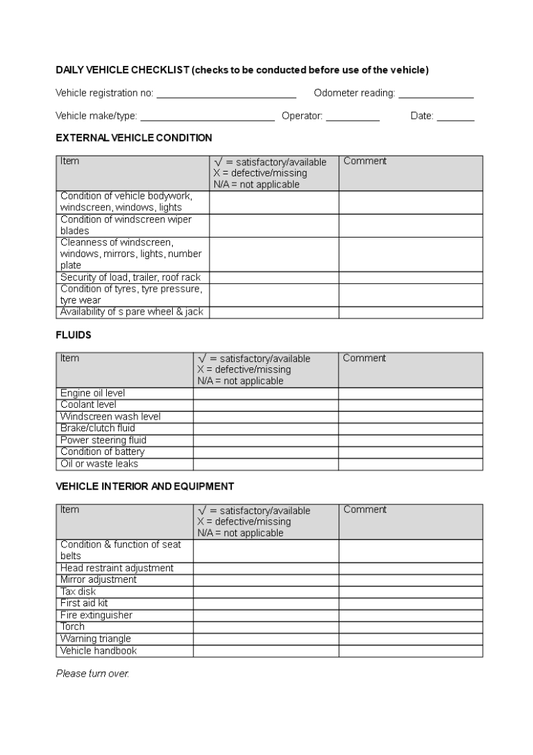 Daily Vehicle Checklist Word | Templates At inside Vehicle Checklist ...