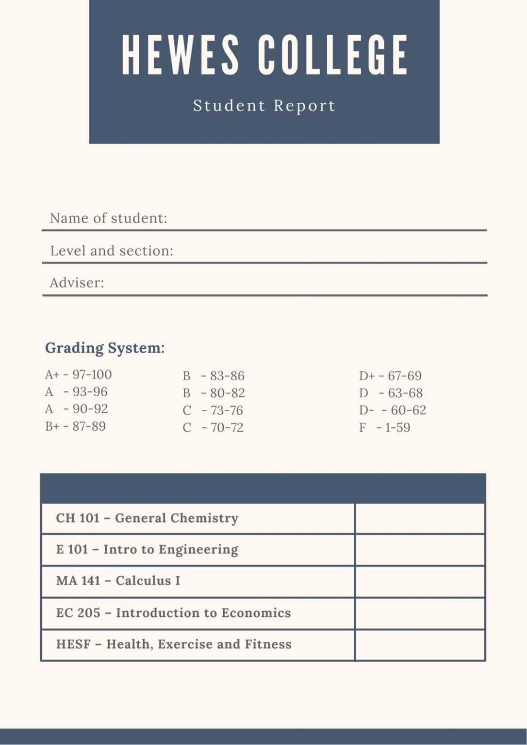Dark Blue And Cream Simple College Report Card – Templates in College ...