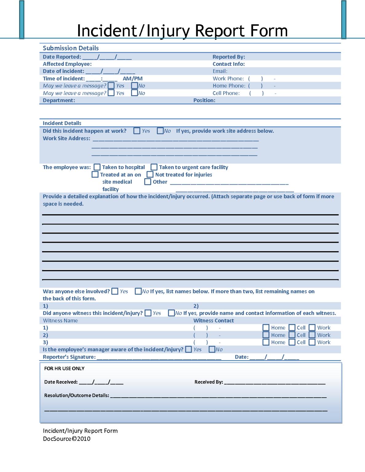 Effective Accident Injury Report Form Template With Blue inside ...