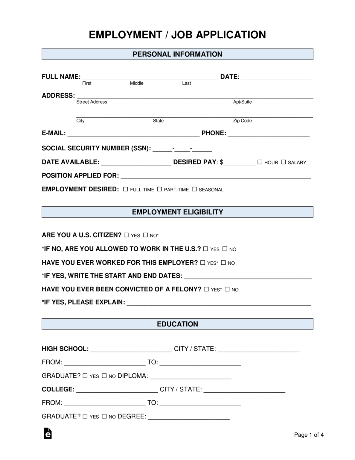 Free Job Application Form – Standard Template – Word | Pdf regarding ...
