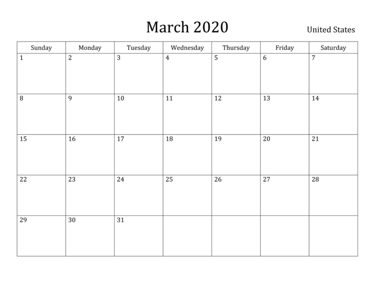 Free March 2020 Printable Calendar – Blank Templates – in Blank ...