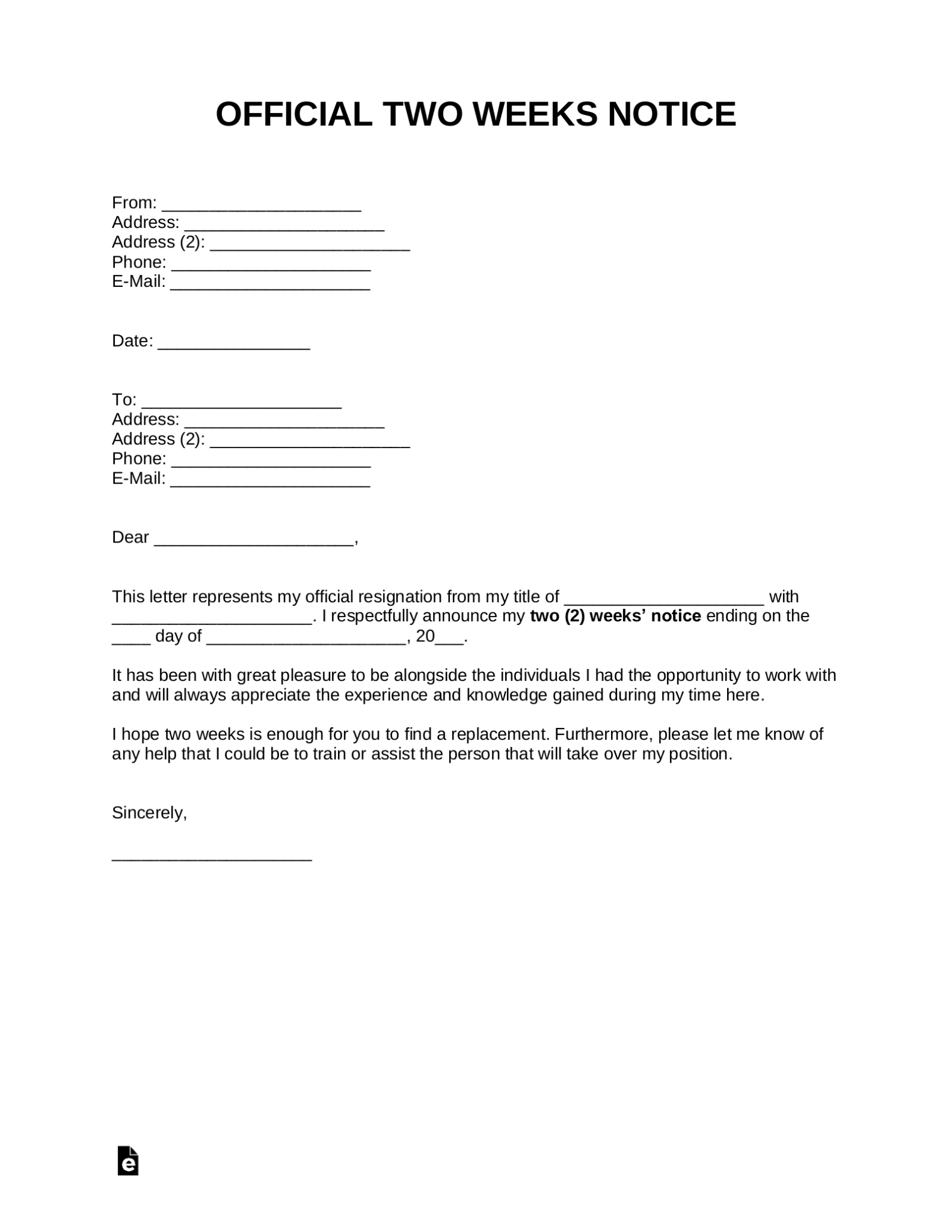 Free Two Weeks Notice Letter | Templates & Samples – Pdf inside Two ...