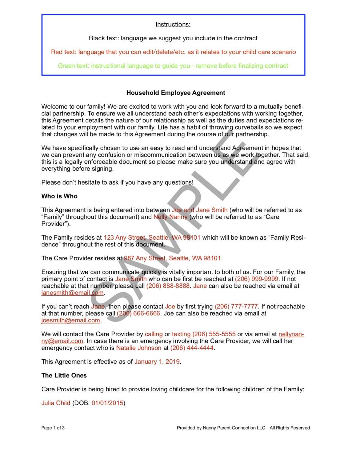 Household Employee Agreement | Nanny Parent Connection within Nanny ...