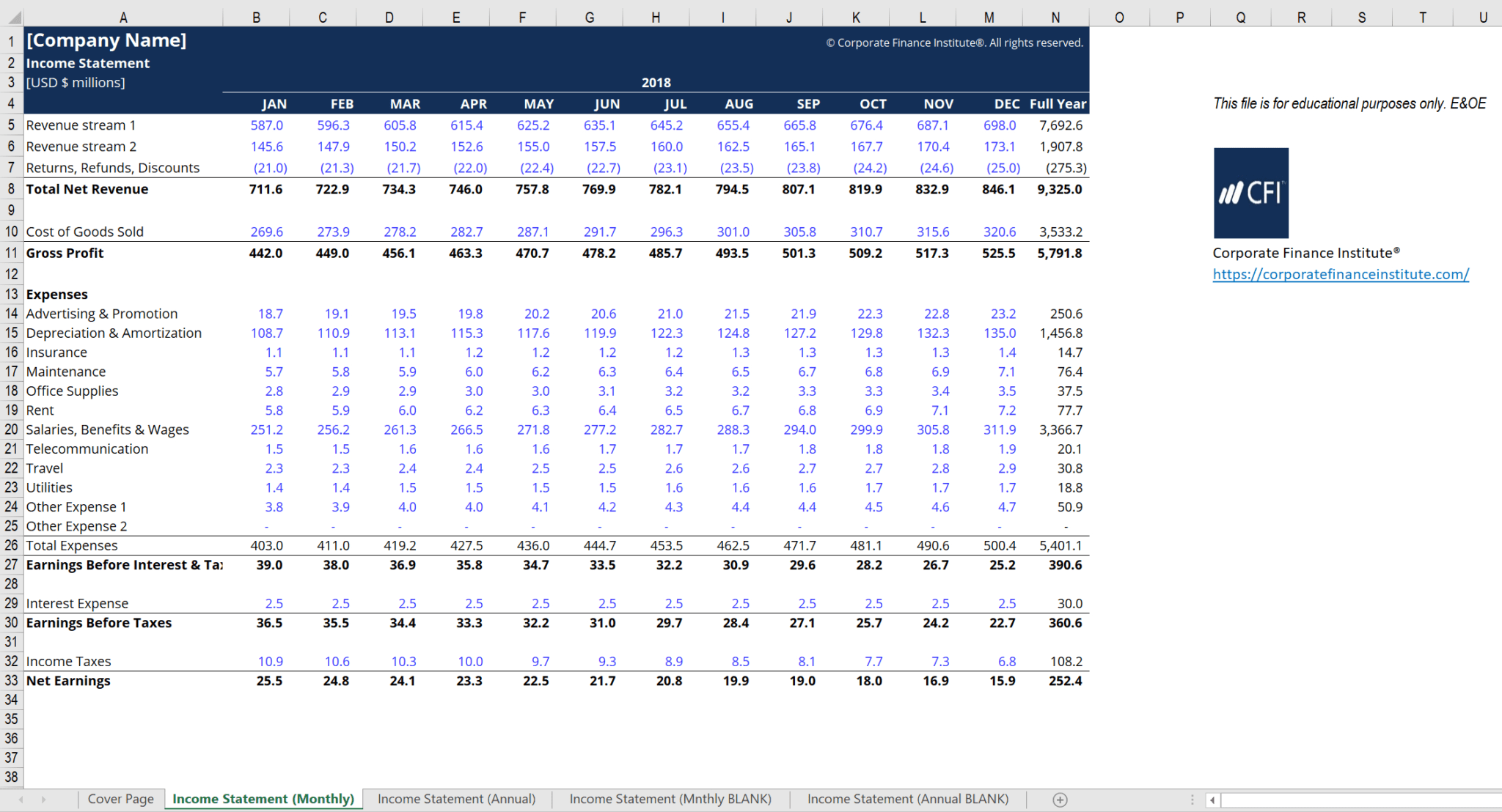 Income Statement Excel Model Template – Cfi Marketplace within Excel ...