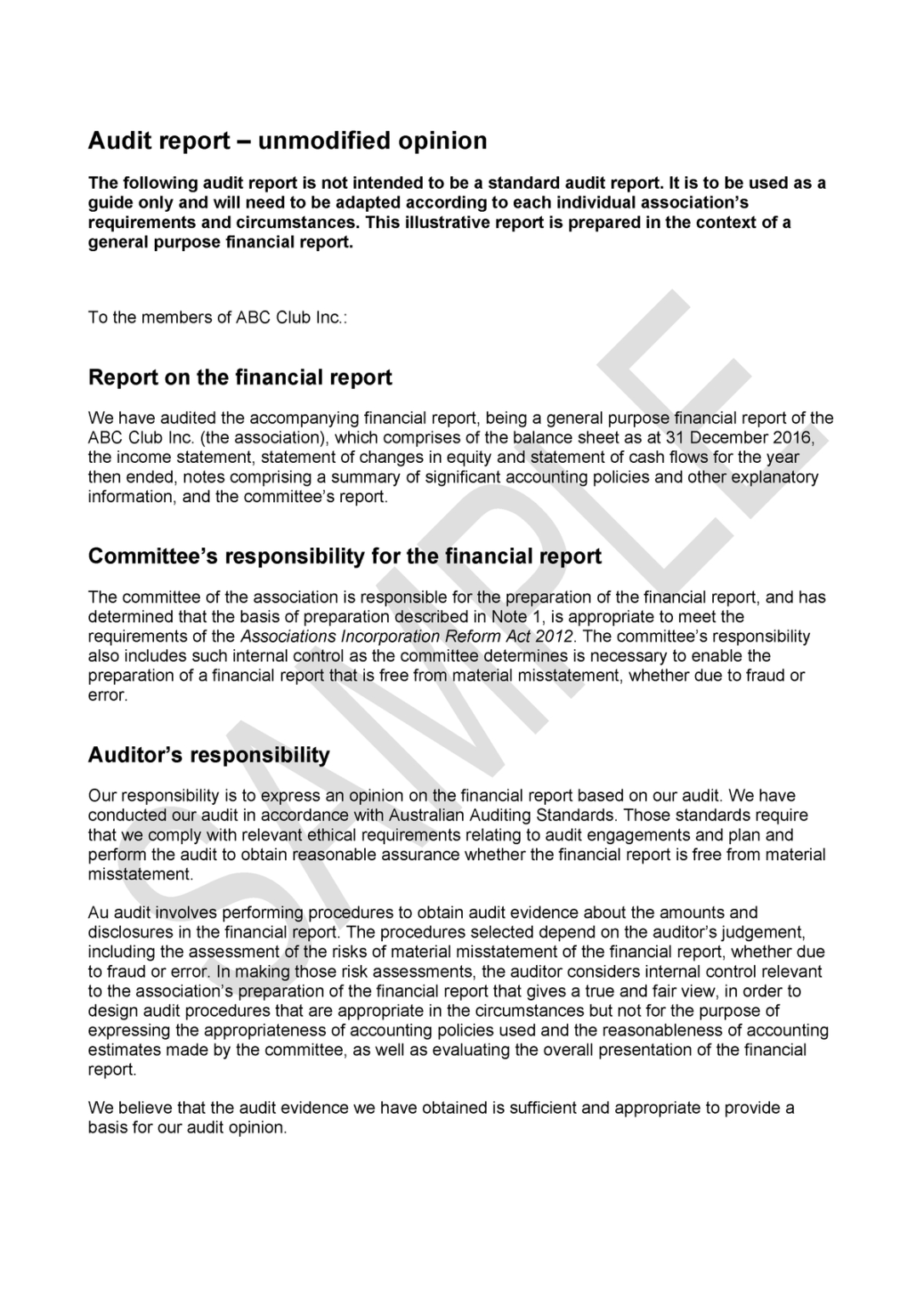 Incorporated Associations Sample Audit Report Unmodified intended for ...