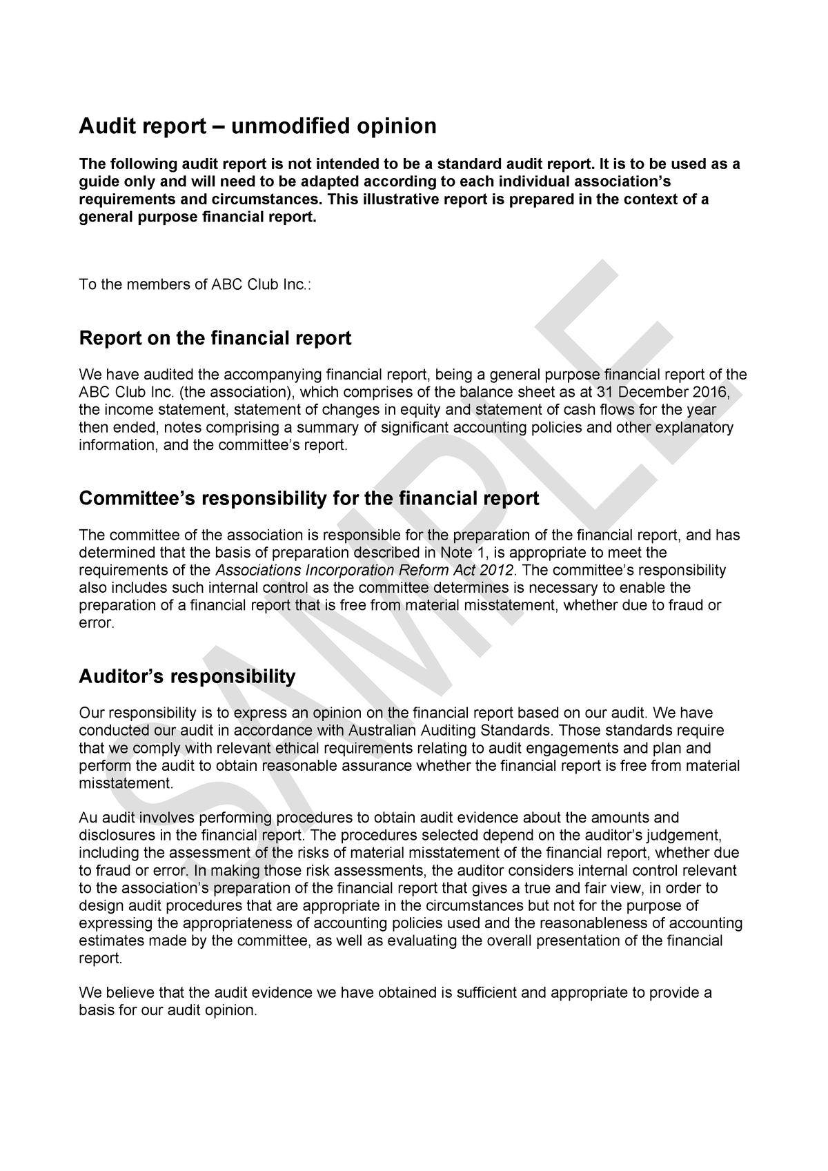 Incorporated Associations Sample Audit Report Unmodified intended for ...