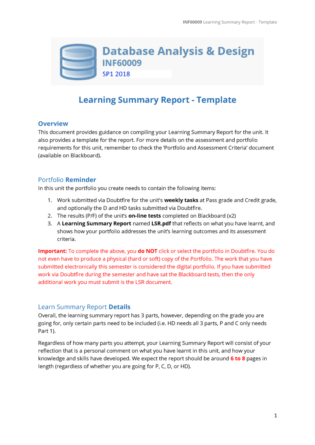 Inf60009 Lsr Template – Databas Learning Summary Report throughout Work Summary Report Template ...