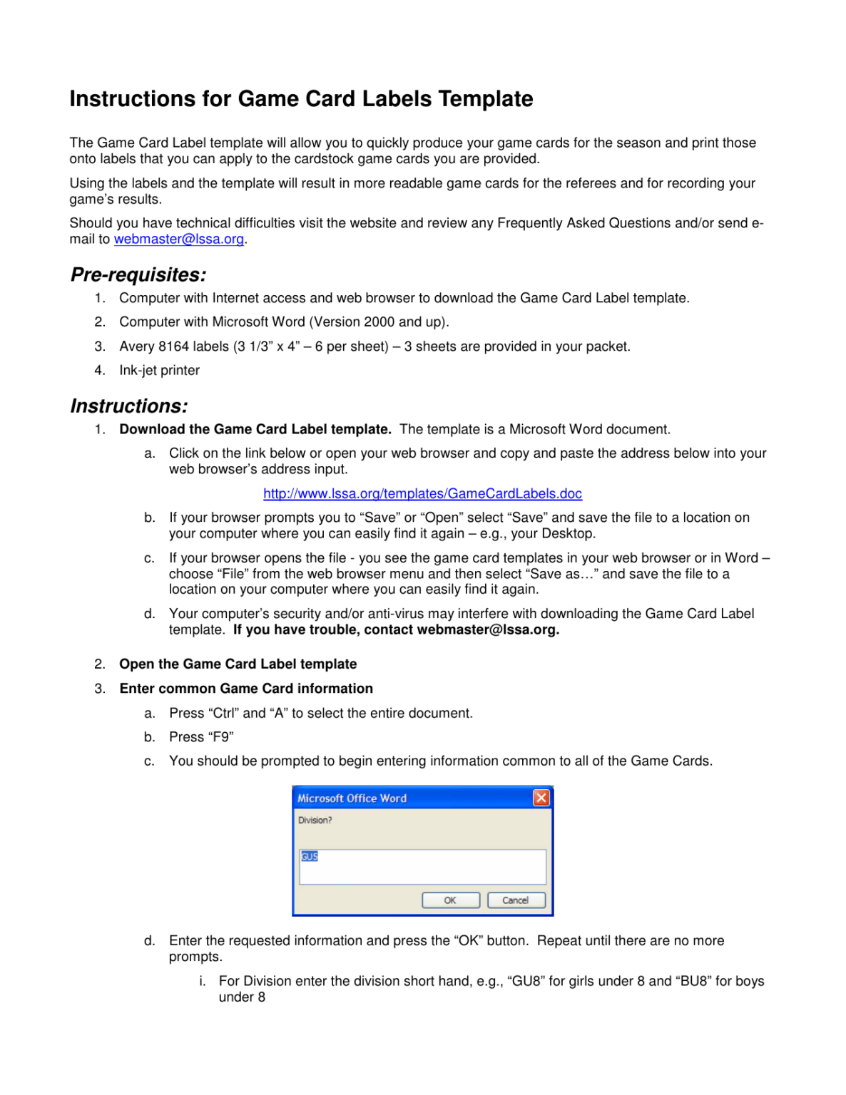 Instructions For Game Card Labels Template | Manualzz with Word Label ...