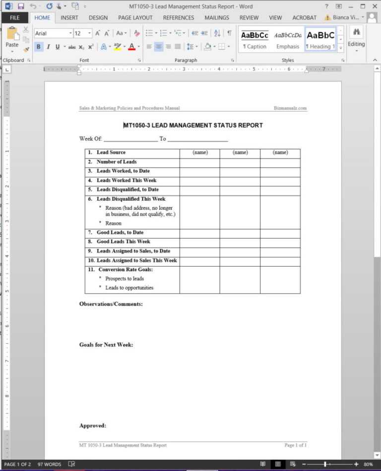 Lead Management Status Report Template | Mt1050-3 inside Sales ...