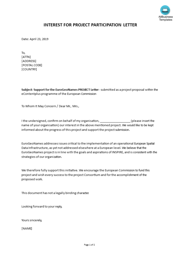 Letter Of Interest For Project Participation Sample | Templates for ...
