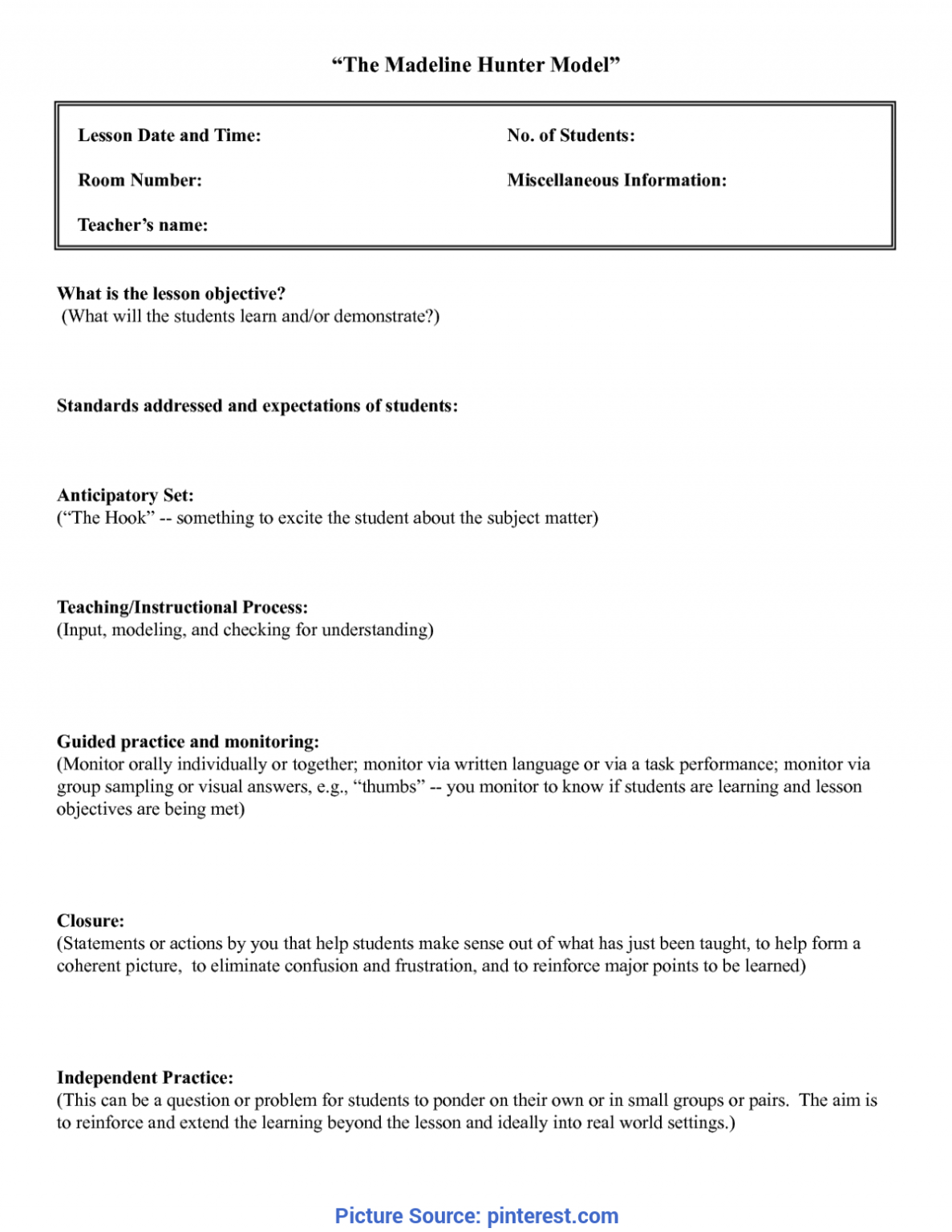 Madeline Hunter Lesson Plan Template Twiroo Com | Lesso intended for ...