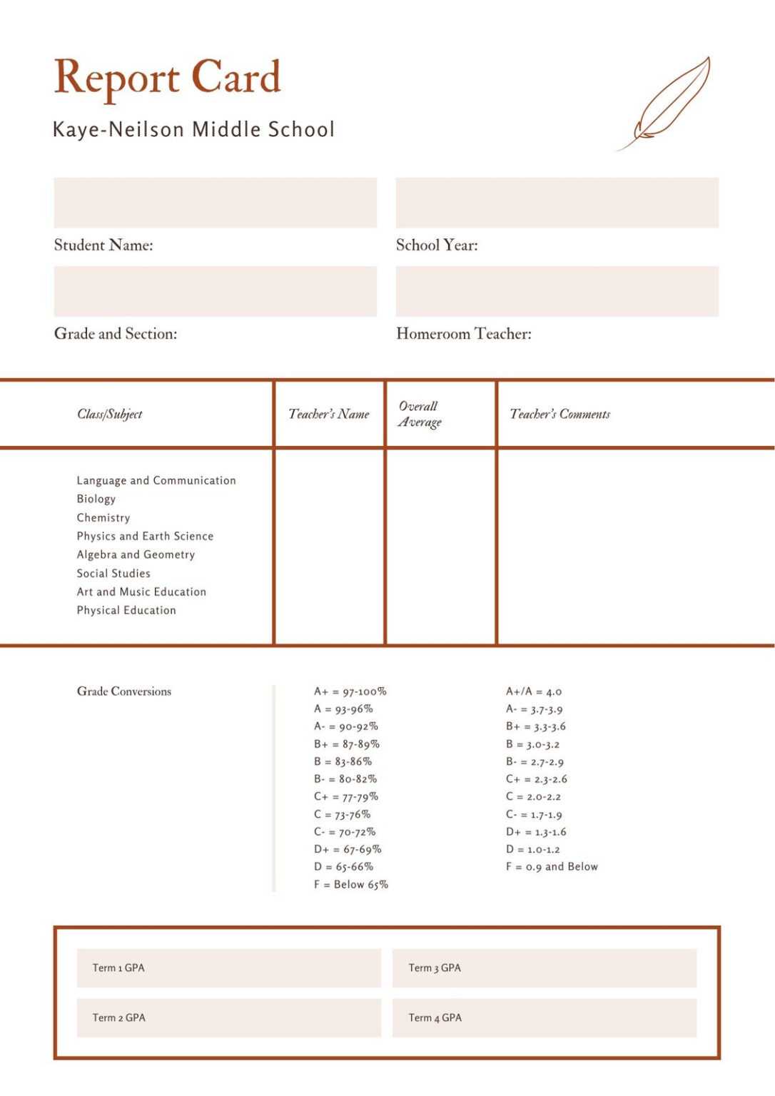 Orange And White Paper And Quill Middle School Report Card for Report ...
