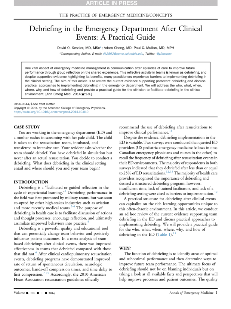 Pdf) Debriefing In The Emergency Department After Clinical pertaining ...