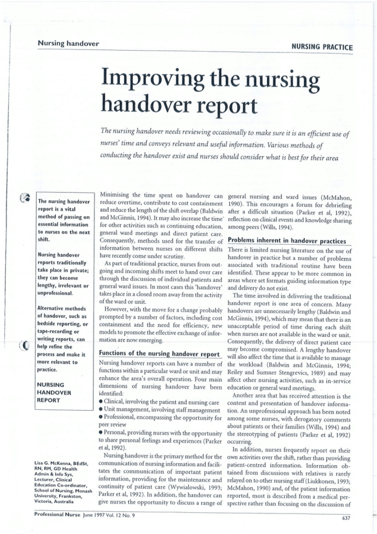 Pdf) Improving The Nursing Handover Report inside Nursing Handoff ...