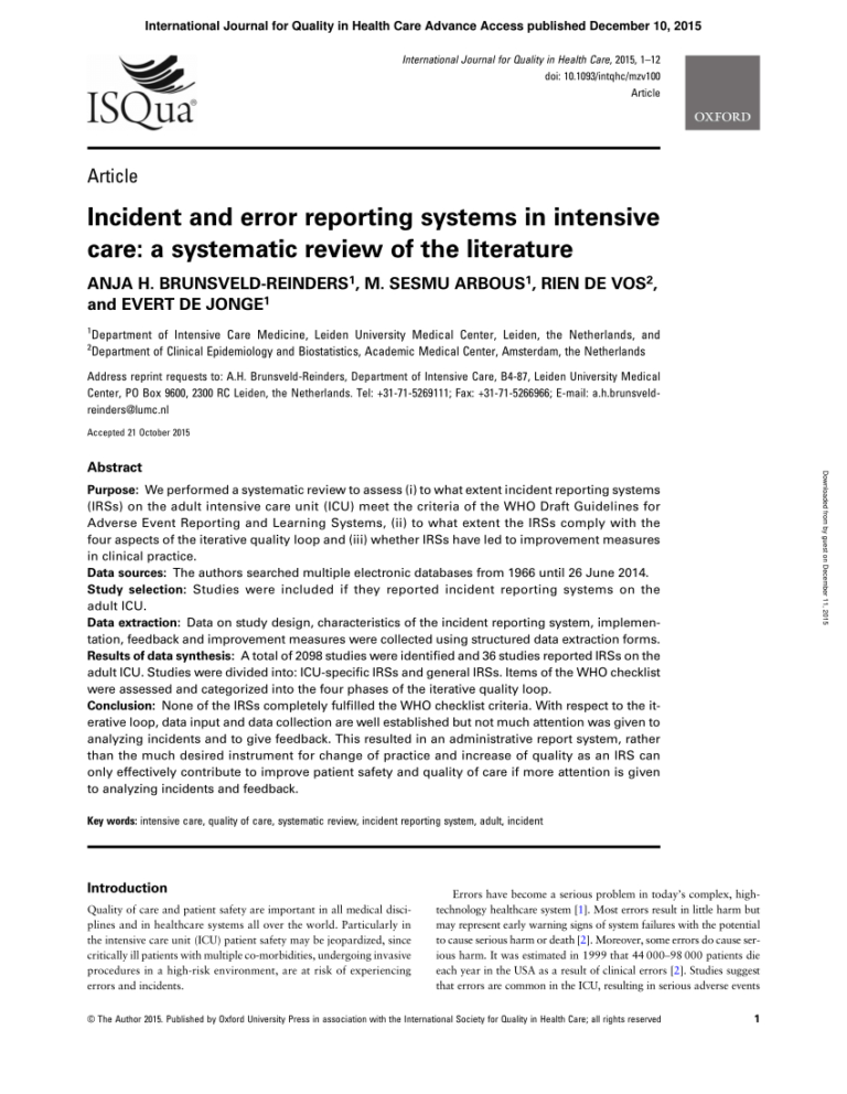 Pdf) Incident And Error Reporting Systems In Intensive Care inside Icu ...