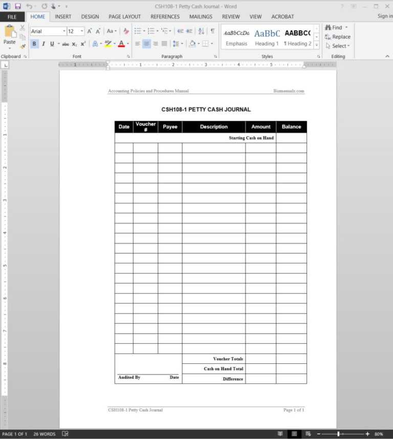 Petty Cash Accounting Journal Template | Csh108-1 inside Petty Cash ...