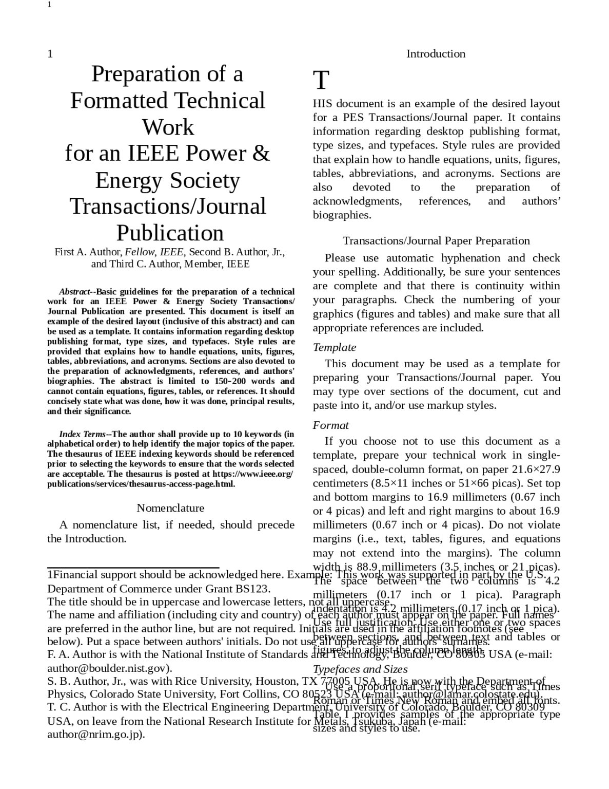 Preparation Of A Formatted Technical Work For An Ieee Power pertaining ...