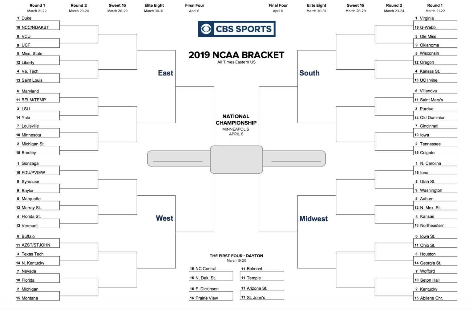 Printable Ncaa Tournament Bracket For March Madness 2019 throughout ...