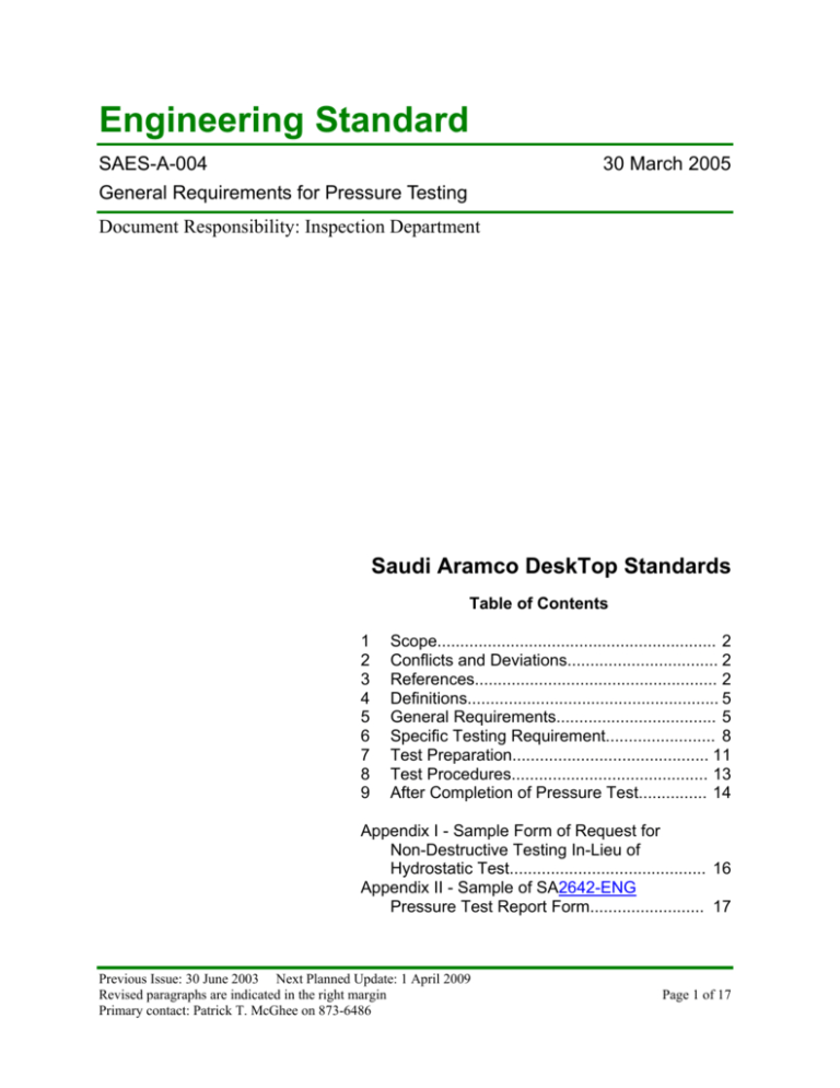 Saudi Aramco Engineering Standard throughout Hydrostatic Pressure Test ...