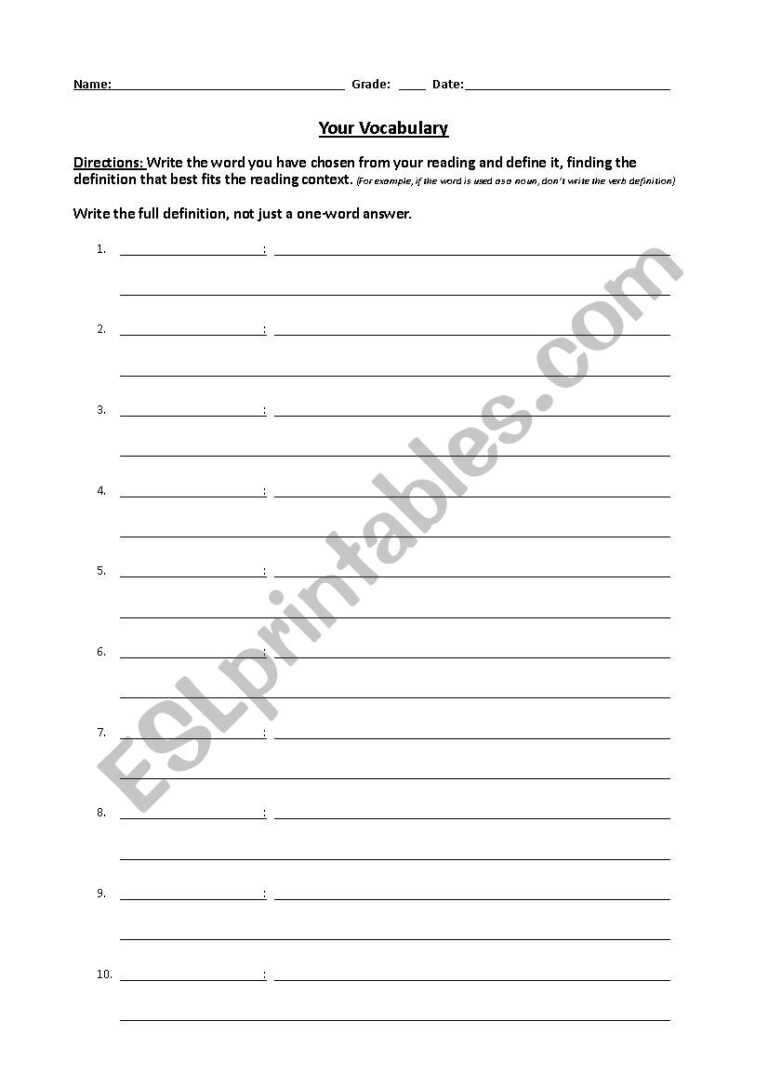 Self-Created Vocabulary List, Template Form – Esl Worksheet with ...
