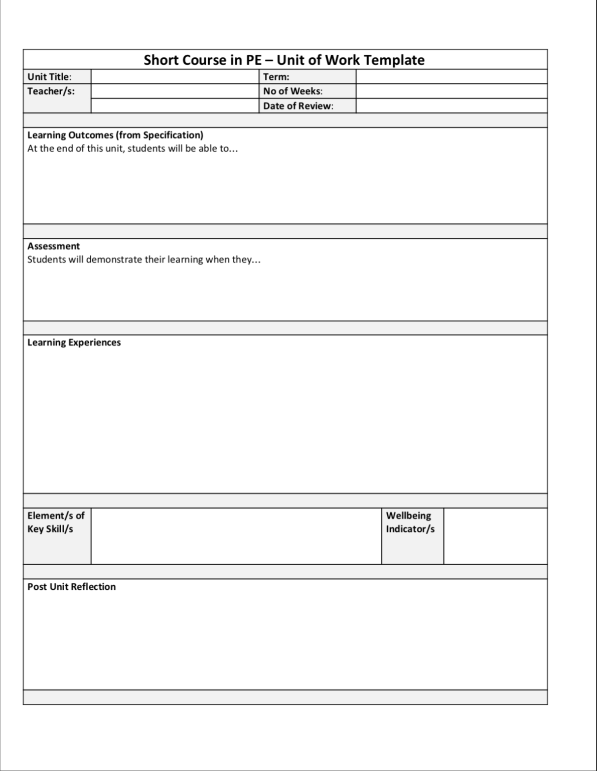 Short Courses | Planning – First Year | Junior Cycle For with Blank ...
