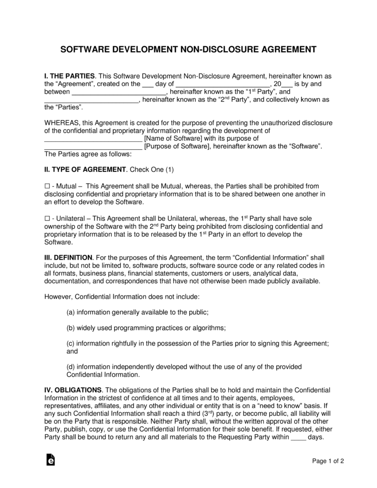 Software Development Non-Disclosure Agreement (Nda) Template regarding ...