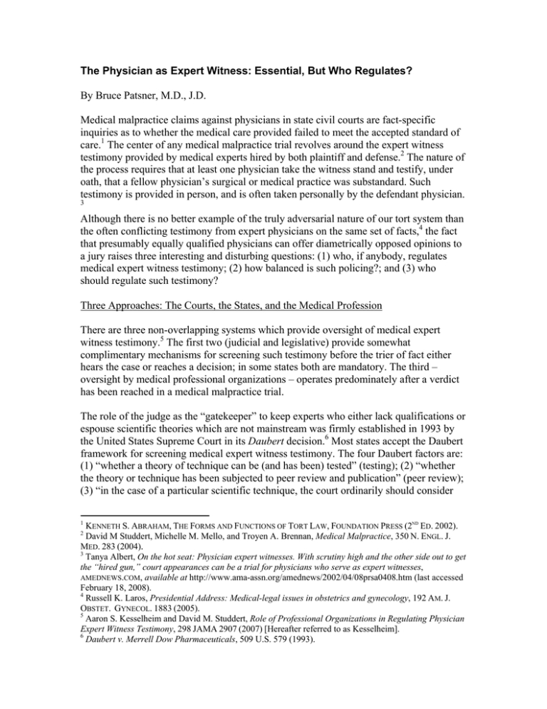 The Physician As Expert Witness: Essential, But Who Regulates ...
