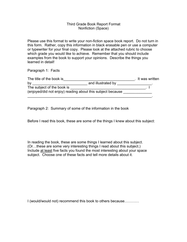 Third Grade Book Report Format within Book Report Template Grade 1 ...