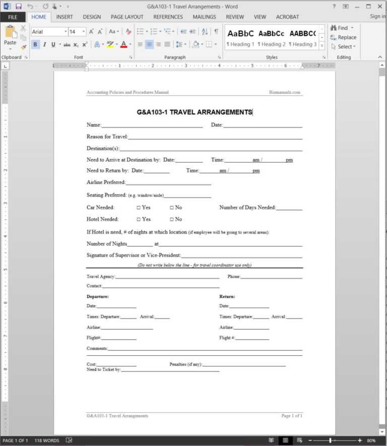 Travel Arrangements Request Template | G&a103-1 pertaining to Travel ...