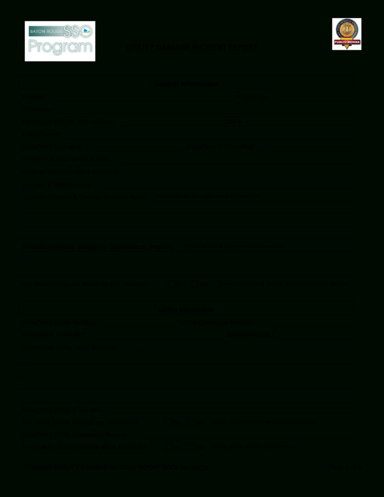 Utility Damage Incident Report Form | Templates At pertaining to ...