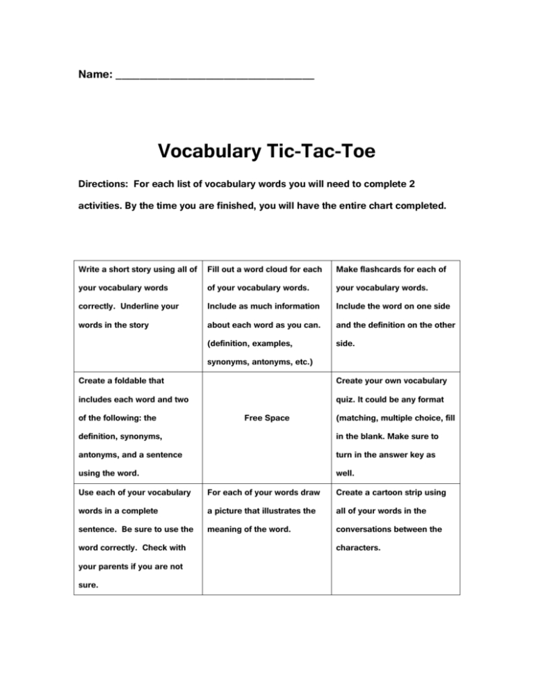 Vocabulary Tic-Tac-Toe inside Tic Tac Toe Template Word – Creative ...